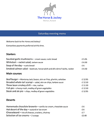 Menus - The Horse & Jockey Manton - Best Pubs in Rutland